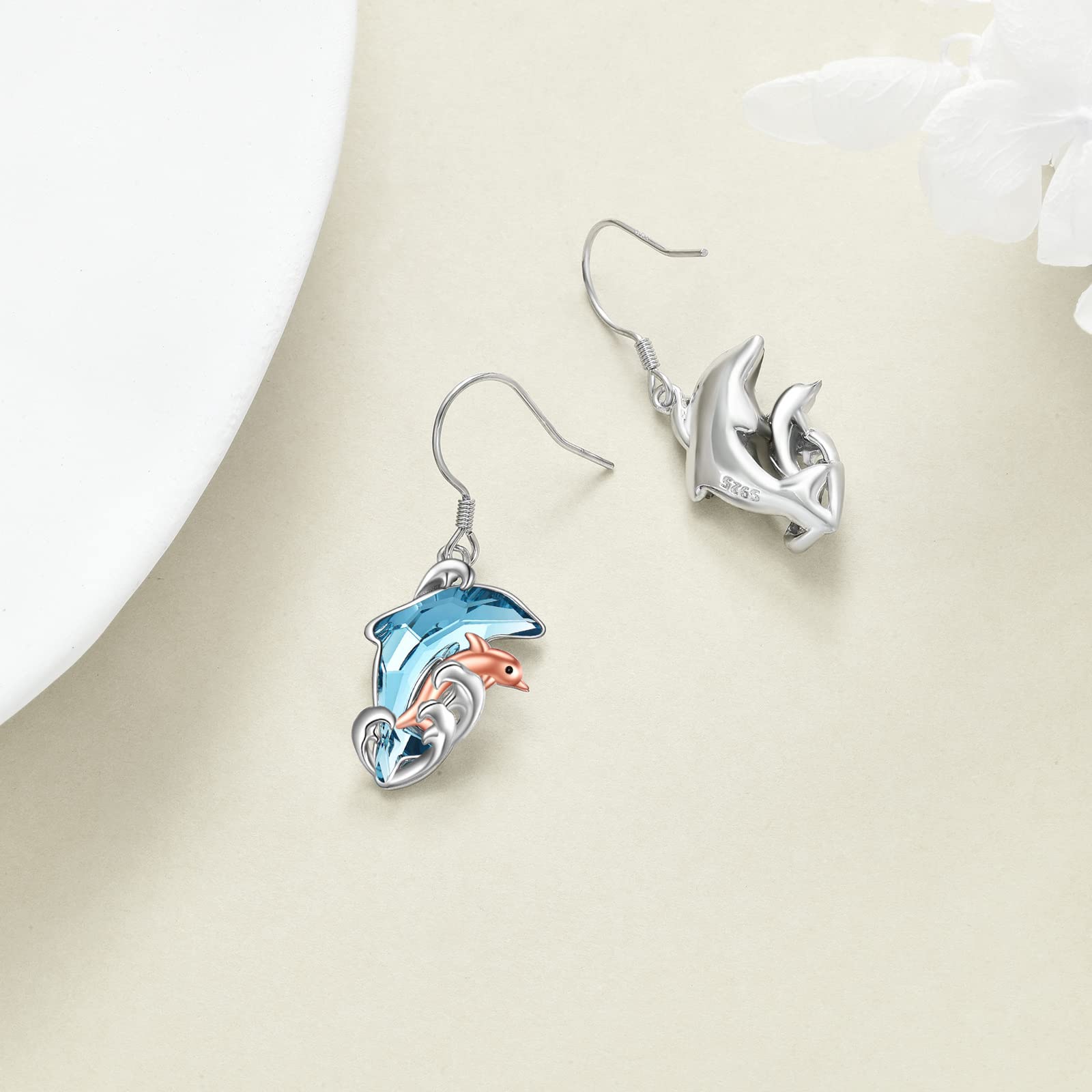CRMAD Dolphin Earrings for Women Sterling Silver Crystal Dangle Drop Earrings (rose gold)
