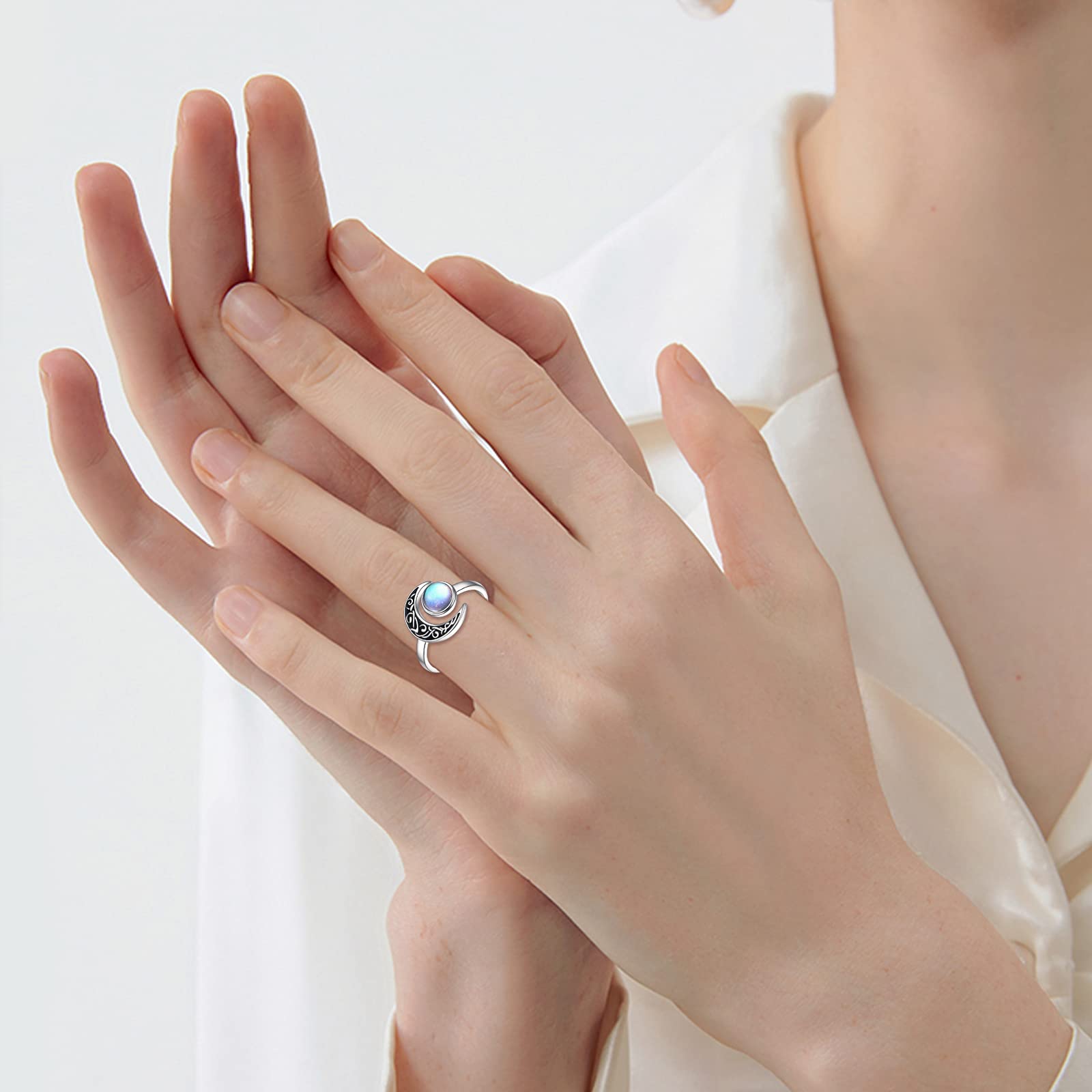 CRMAD Moonstone Ring for Women Sterling Silver Crescent Moon Adjustable Ring (7)