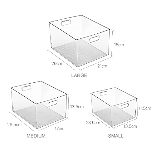 Stackable Storage Box with Handles, Clear Pantry Organizer Bins, Food Storage Basket for Kitchen, Countertops, Cabinets, Refrigerator, Freezer, Bedrooms, Bathrooms, 24x13x12CM