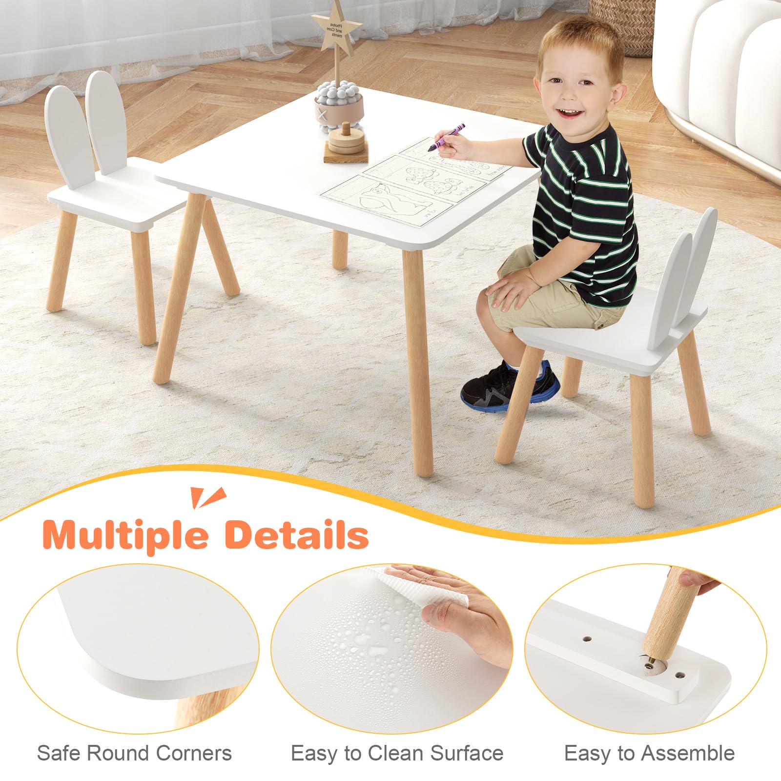 HONEY JOY Kids Table and Chair Set, Children Wooden Activity Table & 2 Chairs Set, Solid Wood Legs, Easy Assembly, 3 Piece Rabbit Themed Toddler Furniture Set for Art Craft (White)