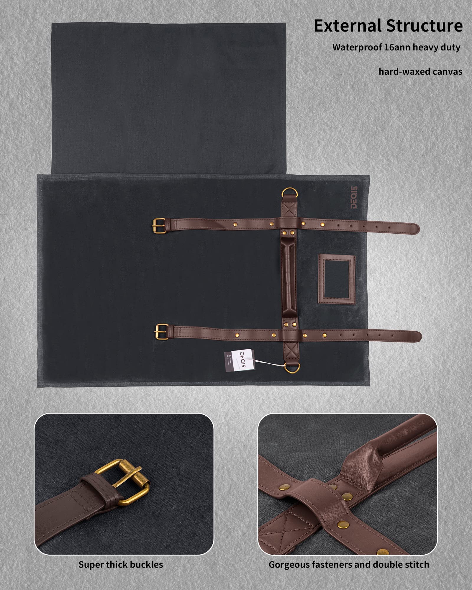 DEQIS Knife Roll Chef Waxed Canvas Bag Storage 13 Slots and 1 Large Zipper Pocket Carry Shoulder Strap Handle and Name Card Professional Folding Cooking Tools Case Organizer,Knives Not Included,Black