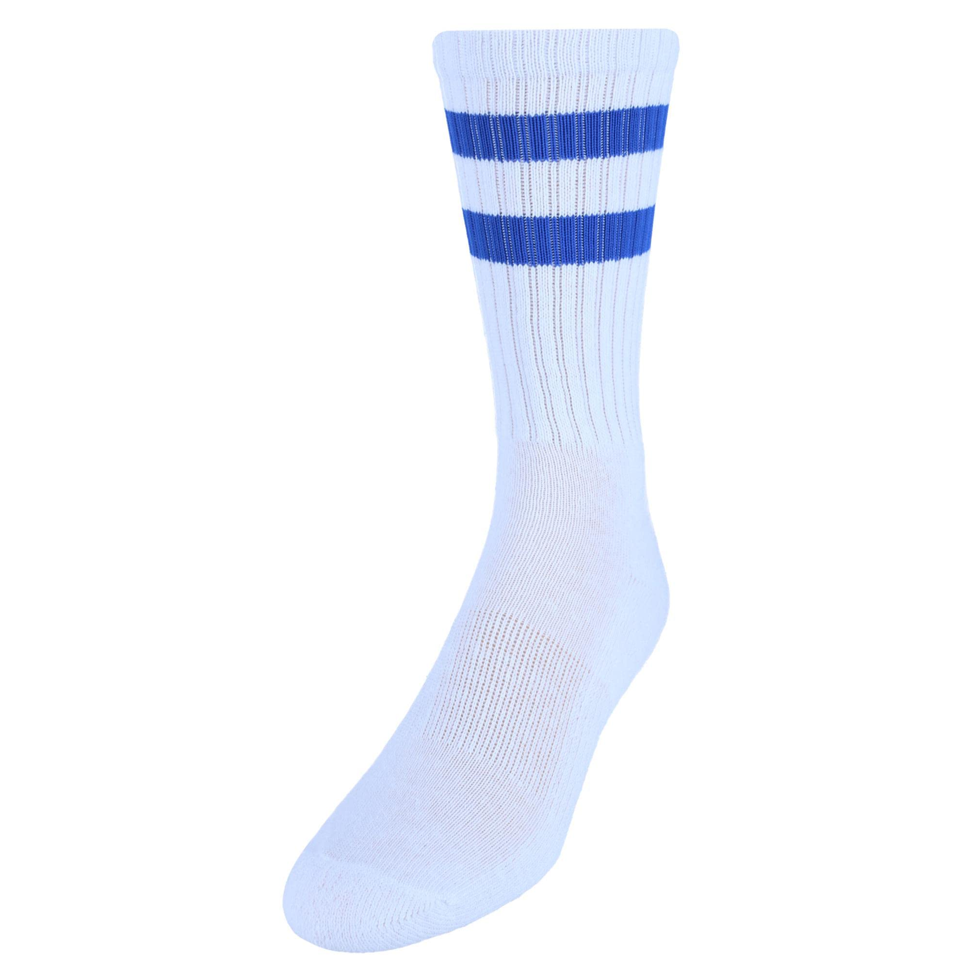 CTM® Men's Crew Striped Socks (3 Pairs), White with Royal Blue Stripes