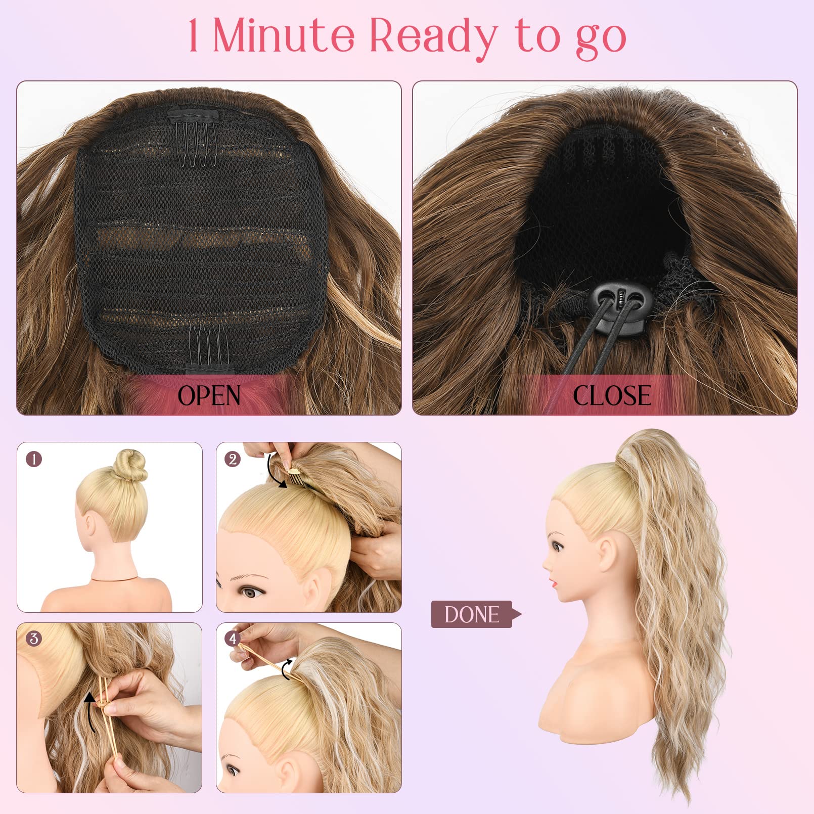 HOOJIH Ponytail Extension, Drawstring Ponytail Hair Extensions 26 Inch Long Curly Wavy Ponytail Natural Wavy Synthetic Hairpiece for Women Daily Use - Black Brown with highlights