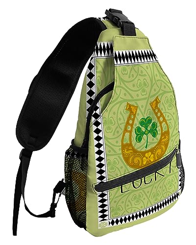 Gsypo Sling Backpack, St.Patrick's Day Lucky Shamrocks Horseshoe Waterproof Lightweight Small Sling Bag, Travel Chest Bag Crossbody Shoulder Bag Hiking Daypack for Women Men