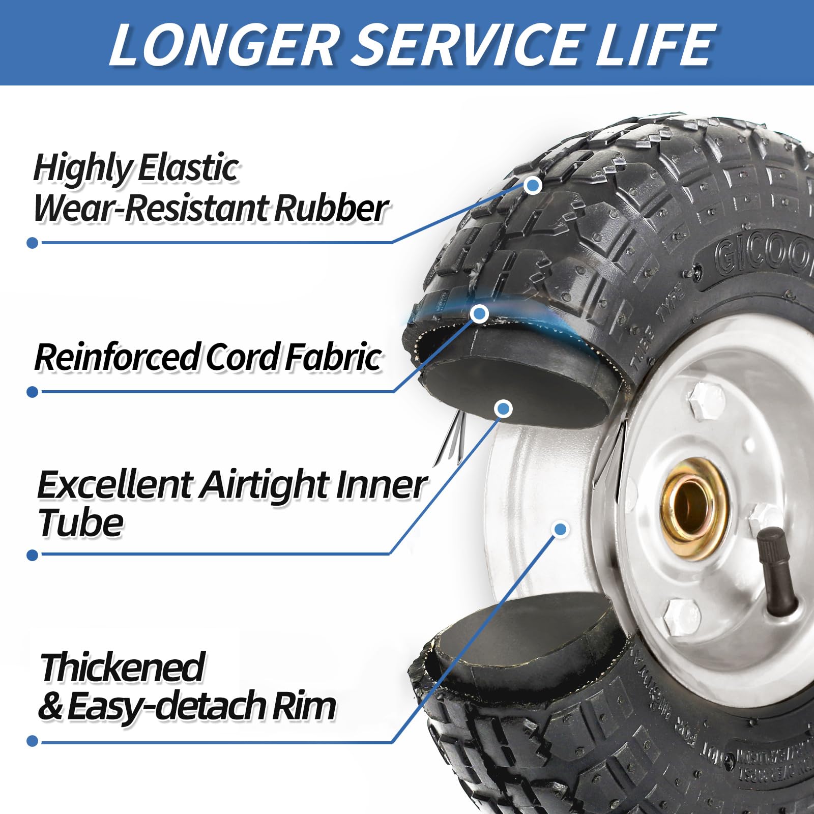 GICOOL 4.10/3.50-4" Tire and Wheel, 10" Pneumatic Tire, with 2.25" Offset Hub, 5/8" Axle Bore Hole, Sealed Bearings, for Hand Truck Trolley Dolly Garden Wagon Cart Wheel Replacement, 2 Pack