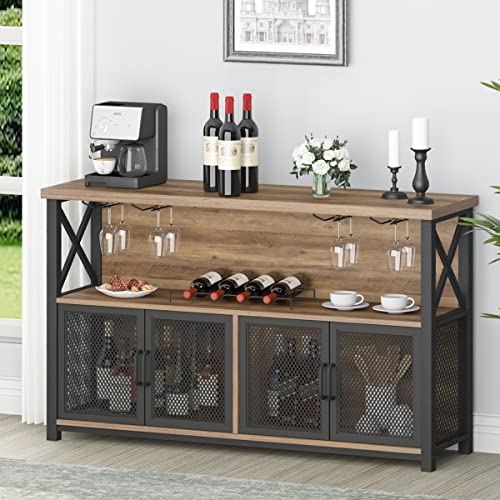 LVB Wine Bar Cabinet, Industrial Sideboard Buffet/Coffee Bar Cabinet for Liquor and Glasses, Farmhouse Metal Wood Rack Cabinet for Home Living Dining Room Kitchen, Rustic Oak, 47 Inch
