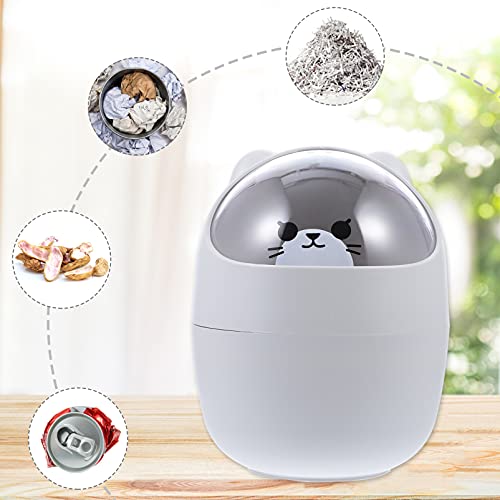 SEWACC Desktop Trash Can Cute Cartoon Table Garbage Storage Can Mini Desktop Wastebasket with Lid Small Office Countertop Garbage Can for Home Office ( Grey )