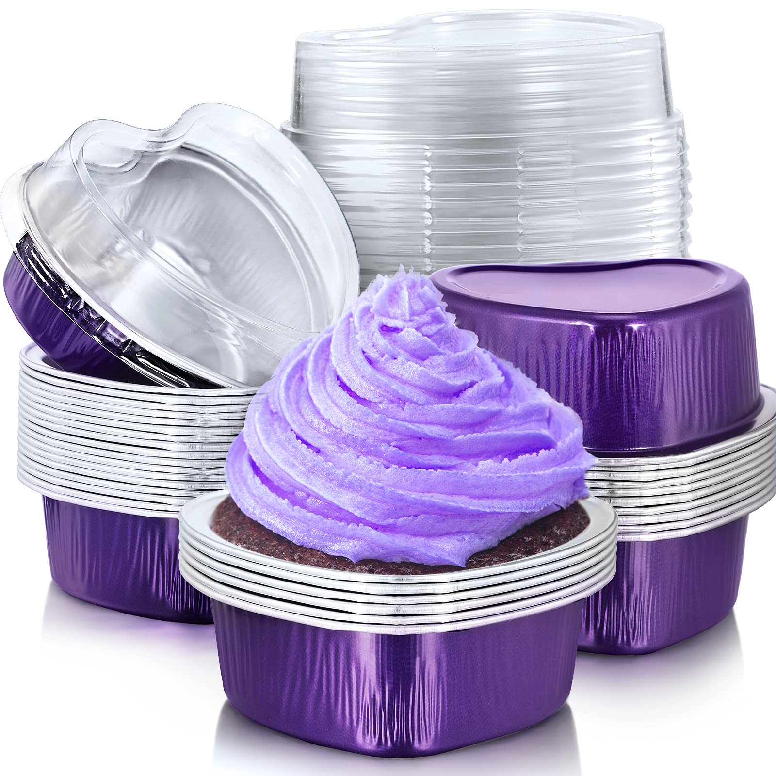 Geiserailie 200 Sets Aluminum Foil Cake Pan with Clear Lids 100 ml/ 3.4 Ounces Heart Shaped Disposable Mini Cupcake Cup Flan Baking Cups Pan for Xmas Valentine Wedding Birthday Party (Purple)