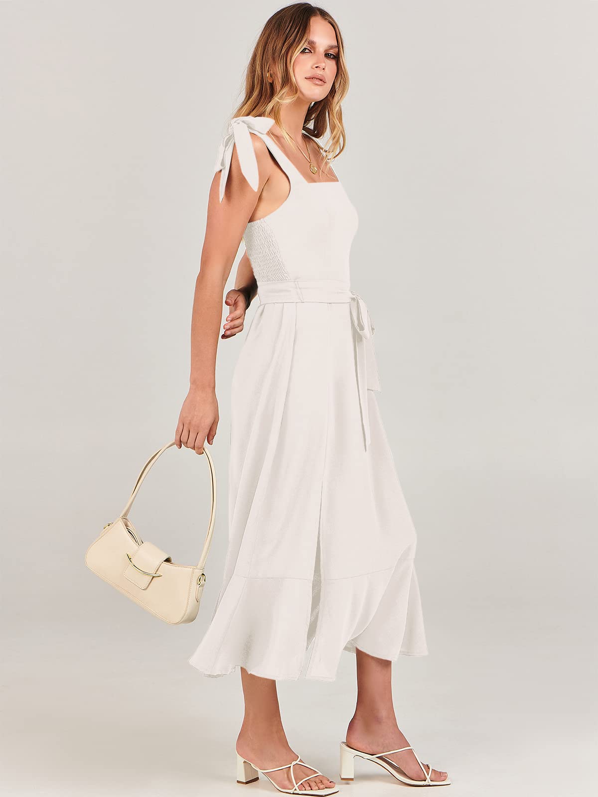 Caracilia Women's Square Neck Ruffle Split Midi Elegant Formal Wedding Guest Cocktail Bridesmaid Graduation Party Dresses White Small