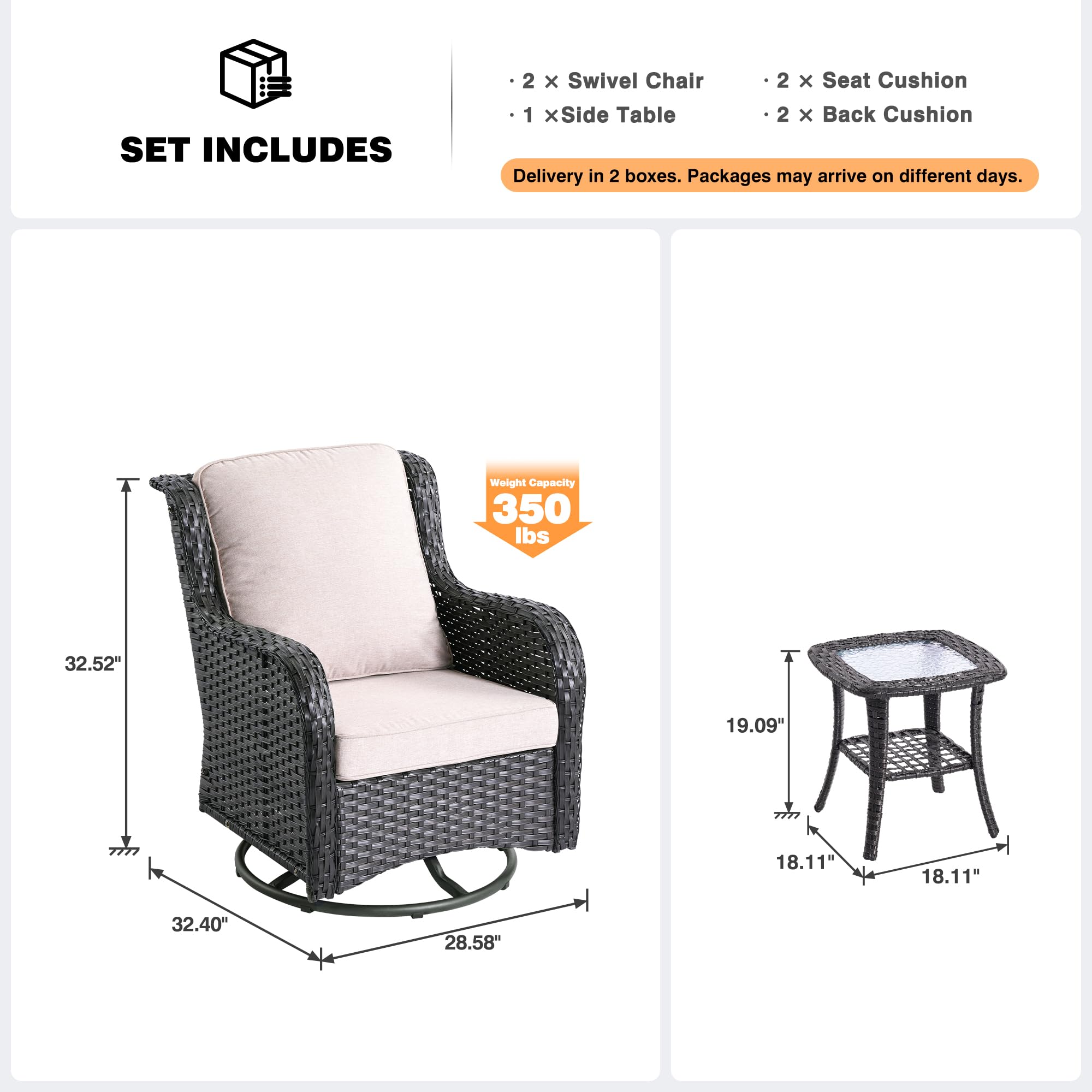 ovios 3 Pieces Patio Rocking Chairs with Side Table, Brown Rattan Beige Cushions