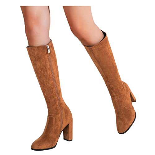FASDNENDYS Boots for Women Cowboy Style Shoes Boots Warm Boots Retro Boots Heel Long Boots for Women's Boots Small Heel Brown