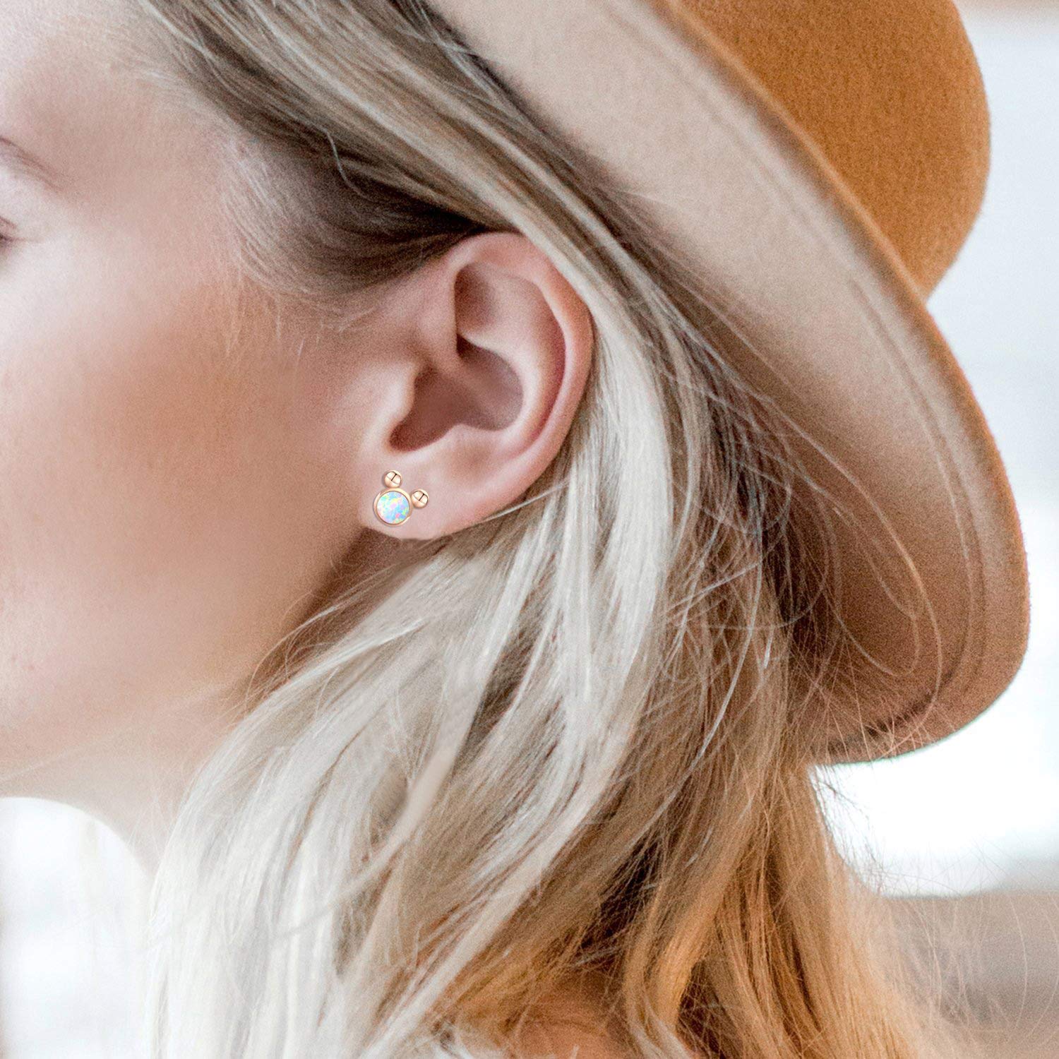 Cuoka Mouse Earrings 925 Sterling Silver Rose Gold Mouse Stud Earring,Animal Opal Mouse Pierced Earrings Jewelry for Women