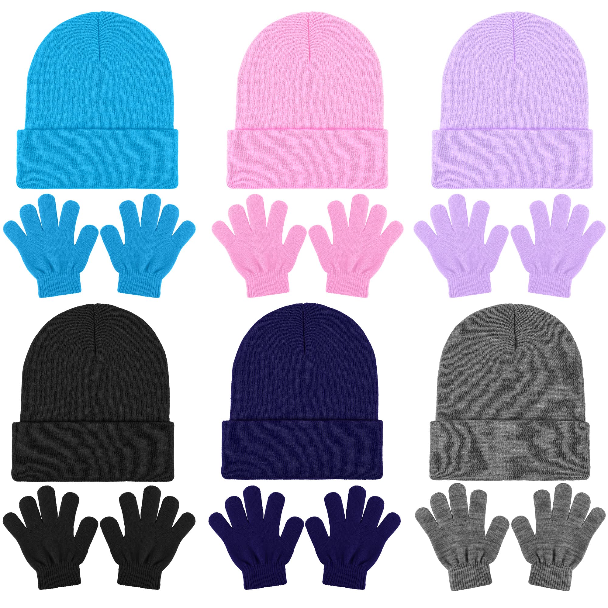 Cooraby 6 Pack Beanies Hats and 6 Pairs Stretchy Full Fingers Gloves for Boys Girls (Heather Grey, Light Purple, Light Pink, Multicolor)