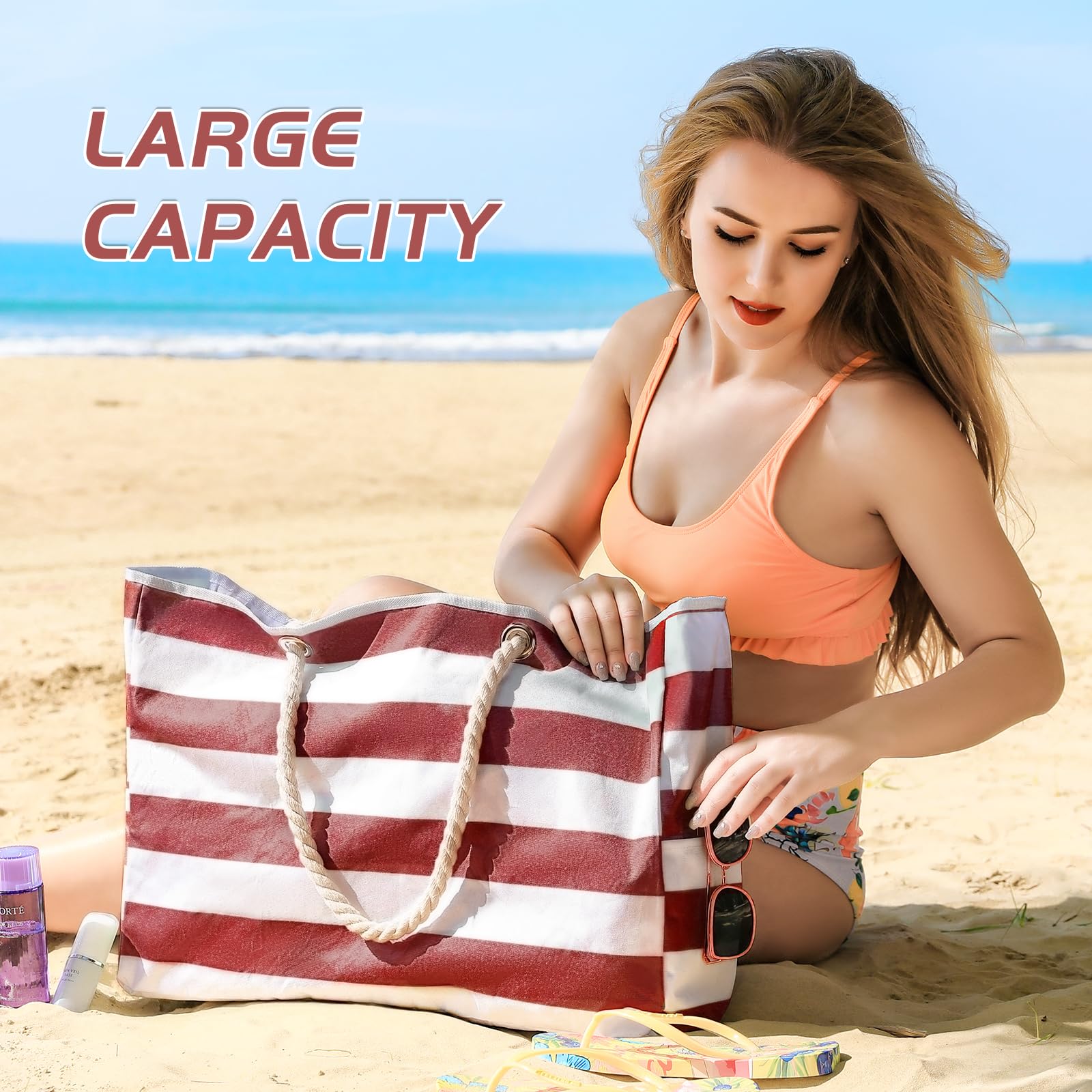 Clothirily Beach Bag for Women - Large Beach Tote Bag, Waterproof Sandproof Beach Bag with Zipper, Large Swim Pool Beach Tote, Red