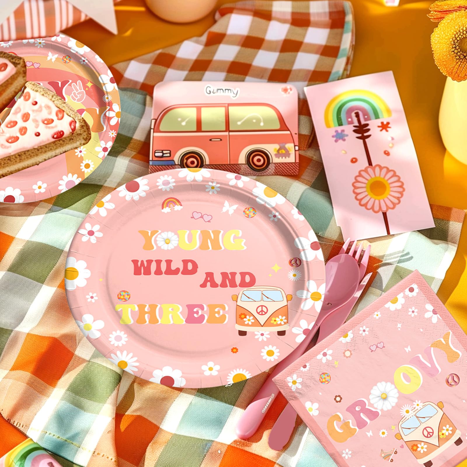 Hombae Young Wild and Three Party Decorations Girl, 3rd Birthday Decorations Girl, Boho Daisy Hippie Third Supplies, Retro Balloon Backdrop Banner Tablecloth Cake Topper Plates Napkins Forks 257 PC