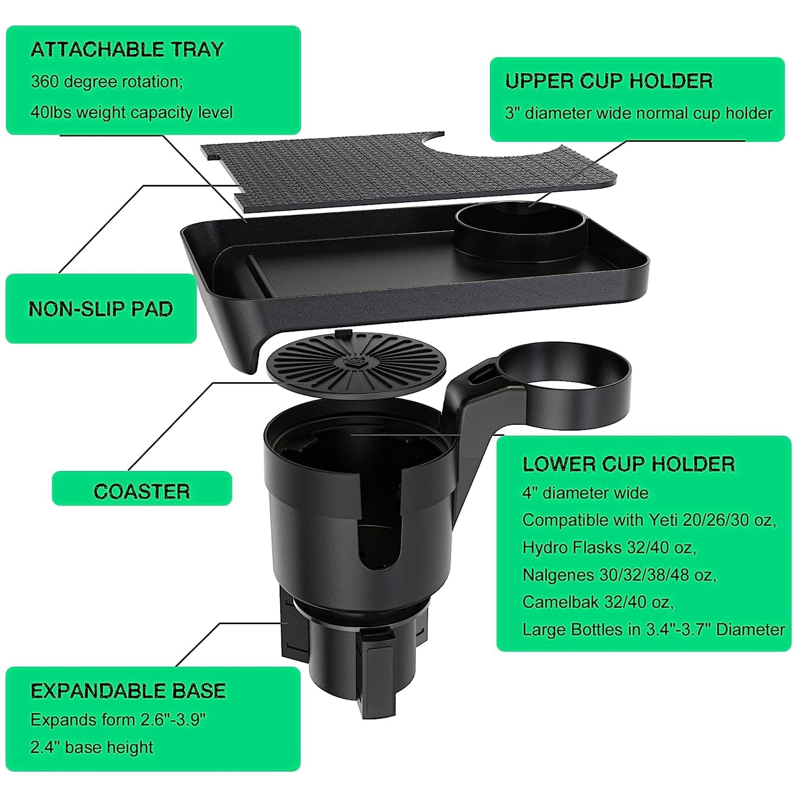 Cup Holder Tray for Car, Drink Holder Expander Compatible with Yeti 20/26/30 oz Hydro Flasks 32/40 oz Nalgenes 30/32/38/48 oz Camelbak 32/40 oz Detachable Tray Table