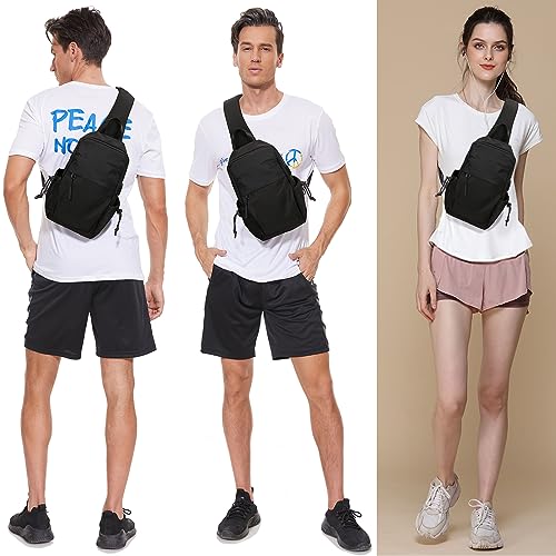 Small Black Sling Crossbody Backpack Shoulder Bag for Men Women, Waterproof Lightweight One Strap Backpack Sling Bag Backpack for Hiking Walking Biking Travel Cycling USB Charger Port-Nylon