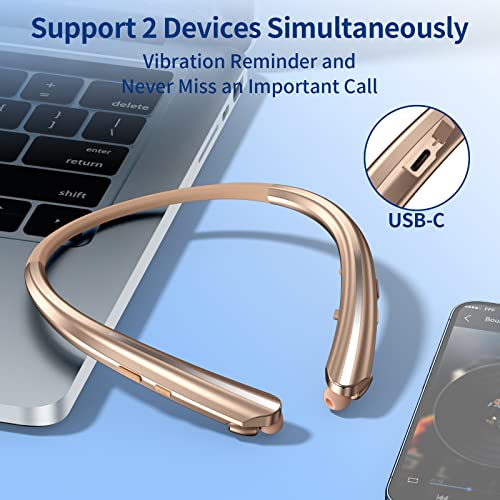 Neckband Bluetooth Headphones, Wireless Neckband Headset Retractable with Sweatproof Stereo Earbuds Call Vibrate Alert Earphones with Mic Compatible with iPhone, Android, iPad, Samsung (Rose)