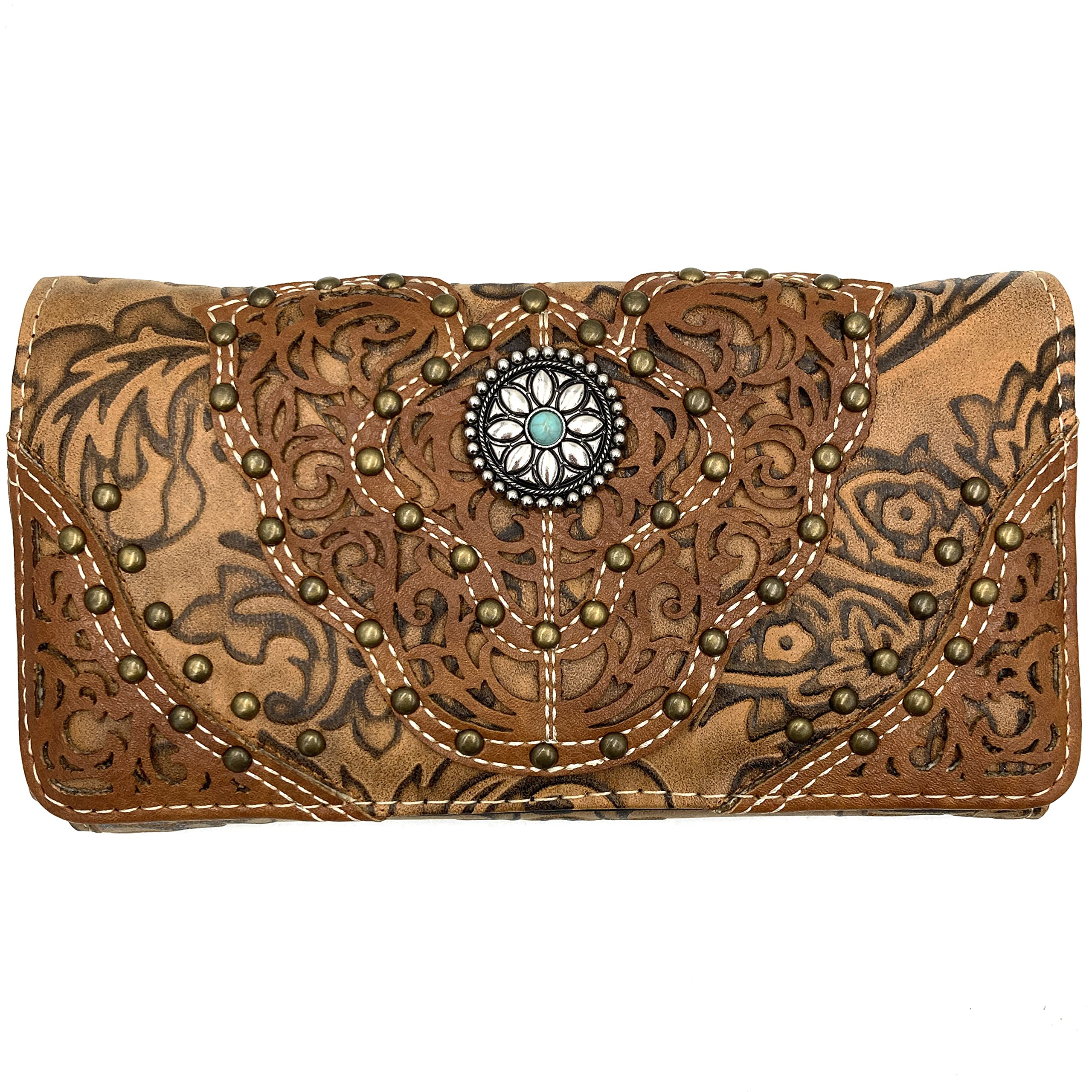 Zelris Women Western Floral Damask Pattern Medallion Crossbody Wrist Trifold Wallet (Tan)