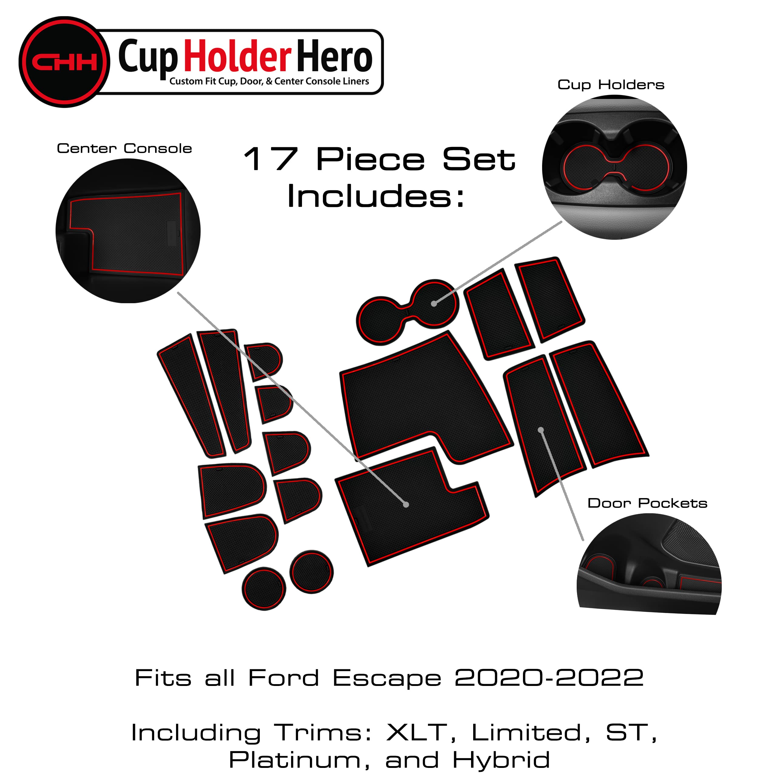 CupHolderHero fits Ford Escape Accessories 2020-2022 Premium Custom Interior Non-Slip Anti Dust Cup Holder Inserts, Center Console Liner Mats, Door Pocket Liners 17pc Set (Red Trim)