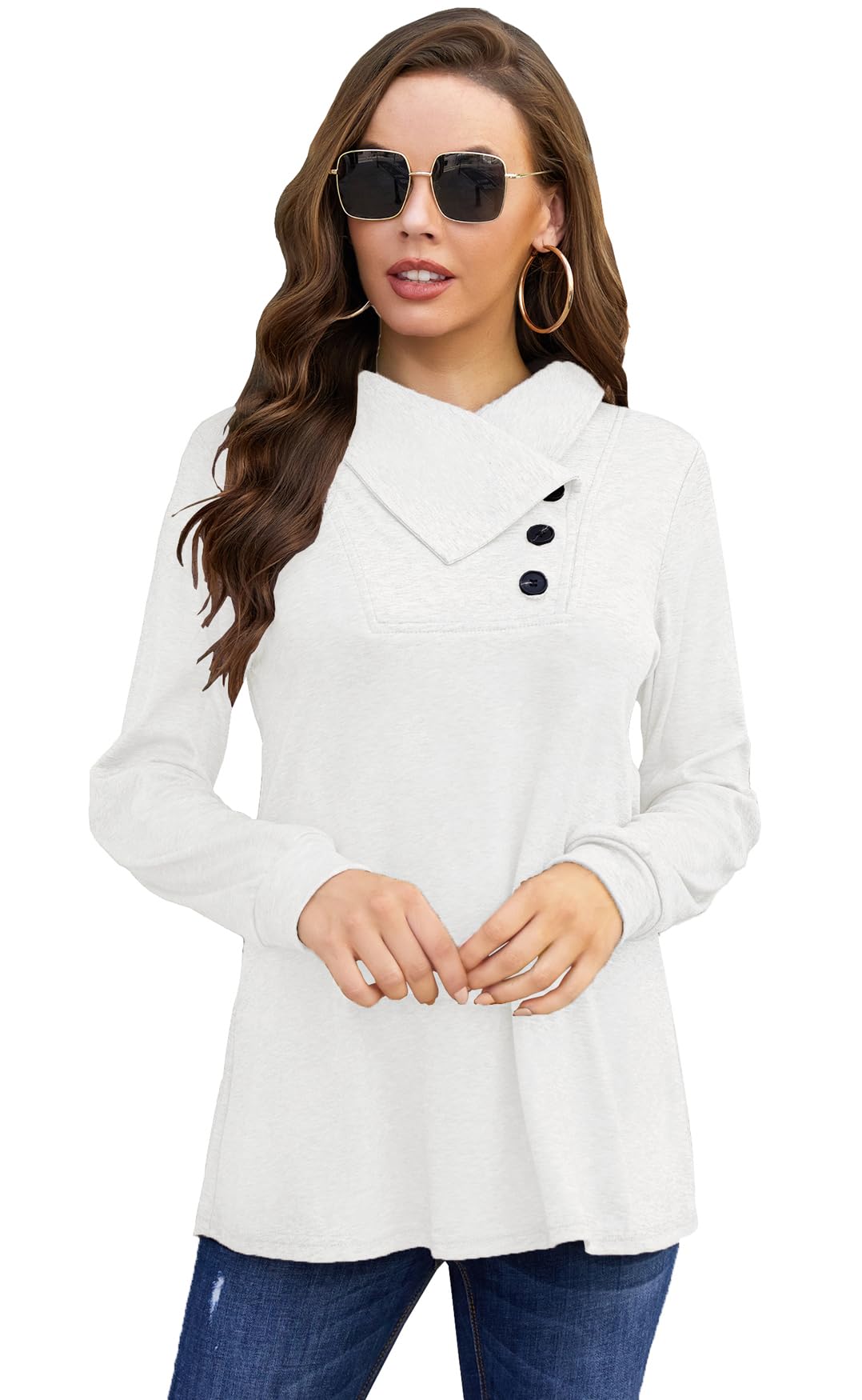Cowl Neck Tops for Women Long Sleeve Cute A Line Dressy Tunic Shirts Blouses White XL
