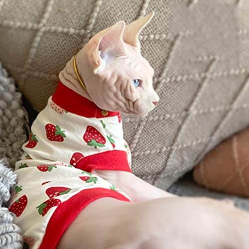 Sphynx Cat Summer Clothes for Cats Only Pattern Cotton T-Shirts Soft Breathable Pullover Vest with Sleeveless Kitten Shirts for Sphynx (L(7.3-9.7lbs), Strawberry)