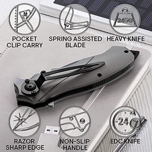 Grand Way Bundle of 2 Items - Pocket Knife for Men - Folding Knofe - EDC Fold Knives - Sharp Blade Knifes - Tactical Knofe - Camping Hunting Hiking Fishing EDC Survival Knife Gifts for Men