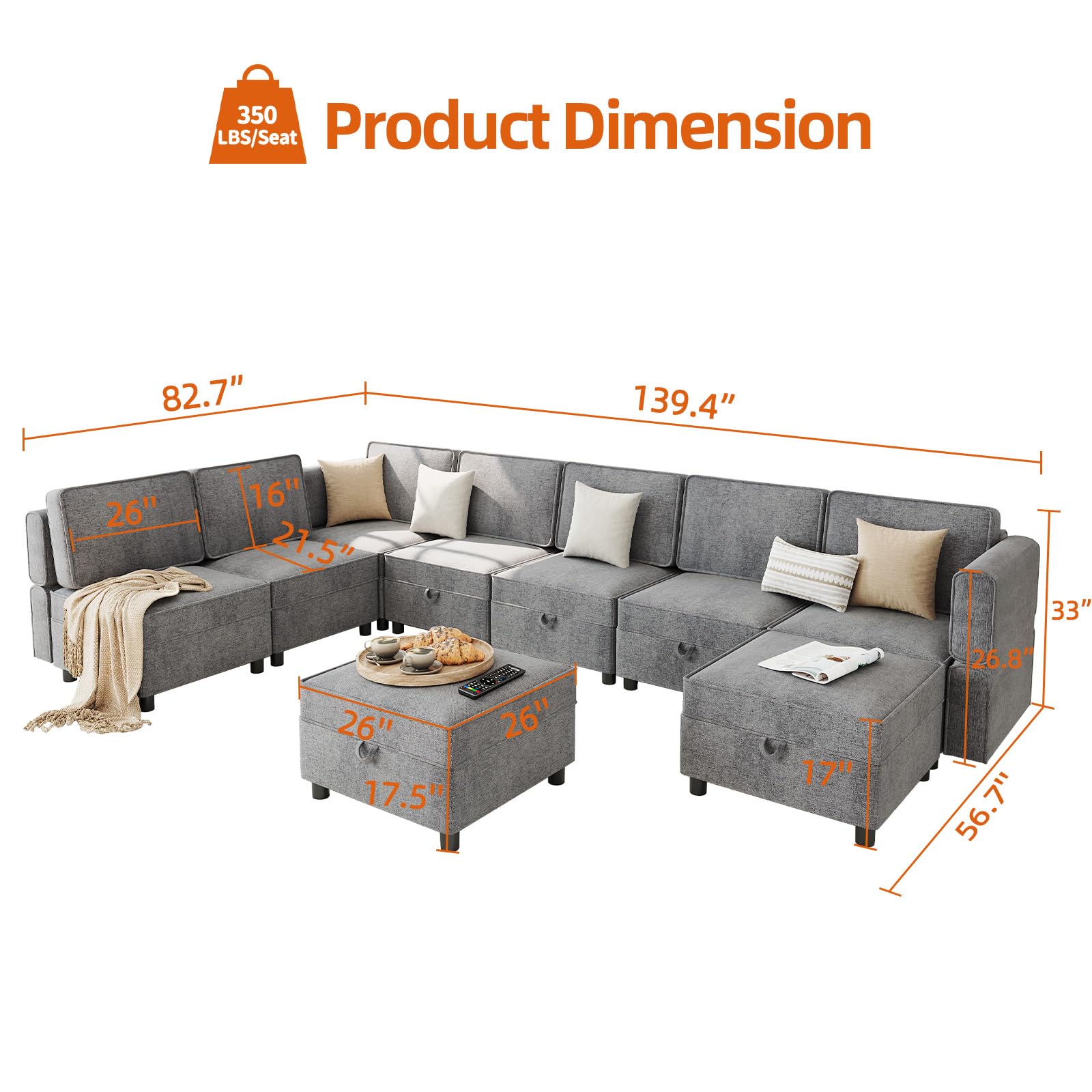 GAOMON 139.4" Chenille Reversible Sectional Sofa, 9-Seater Modular Sectional Sofa, Comfy Sectional Sleeper Sofa Couch with Chaise, U-Shape Modular Couch with Storage Seats & Ottomans, Grey