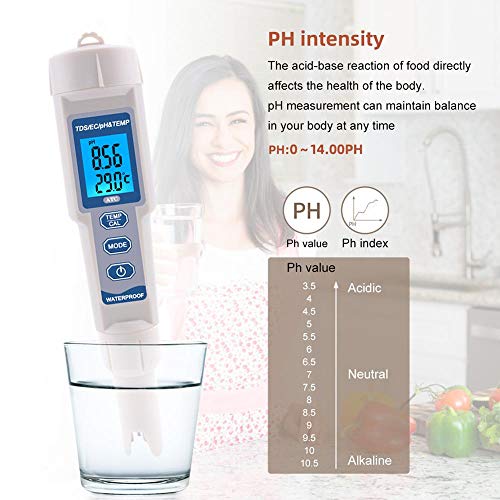 Digital Tester 4 in 1 TDS PH Meter PH/TDS/EC/Temperature Meter Digital Water Quality Monitor Tester for Pools, Drinking Water, Aquariums