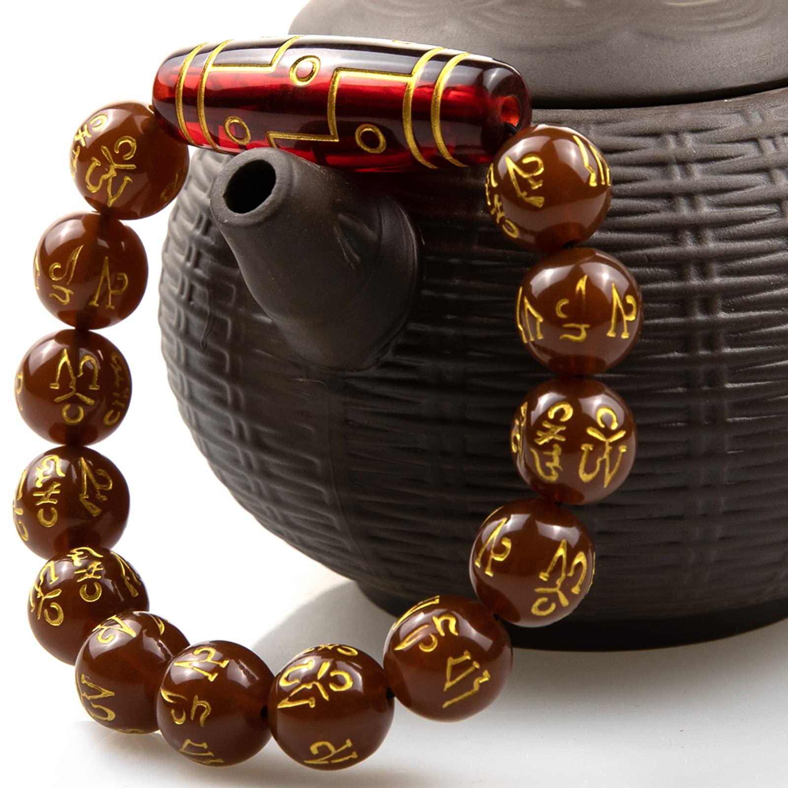 Fardtry Obsidian Sanskrit Feng Shui Black Bracelet Lucky Fortune with Premium Gift Box (Amber)
