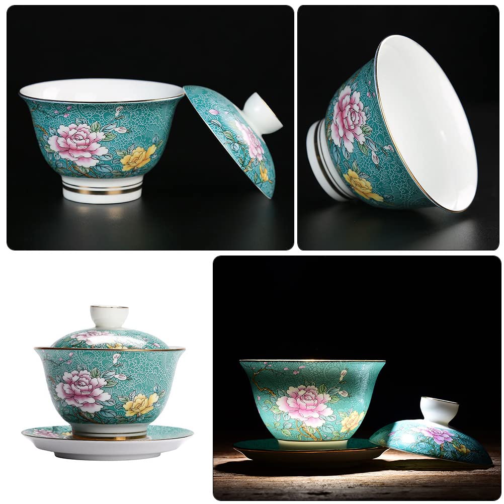 FOMIYES Chinese Porcelain Teacups Gaiwan Poney Flower Tureen Tradition Sancai Cover Bowl Lip Cup Saucer Tea Set Loose Tea Blooming