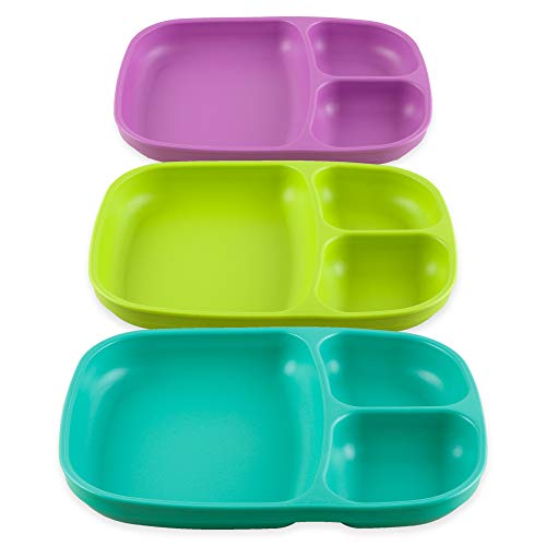 Re Play Set of 3 - Made in the USA Deep Divided Heavy Duty Dining Plates with 3 Compartments for All Ages - Aqua, Purple, Lime Green (Mermaid)