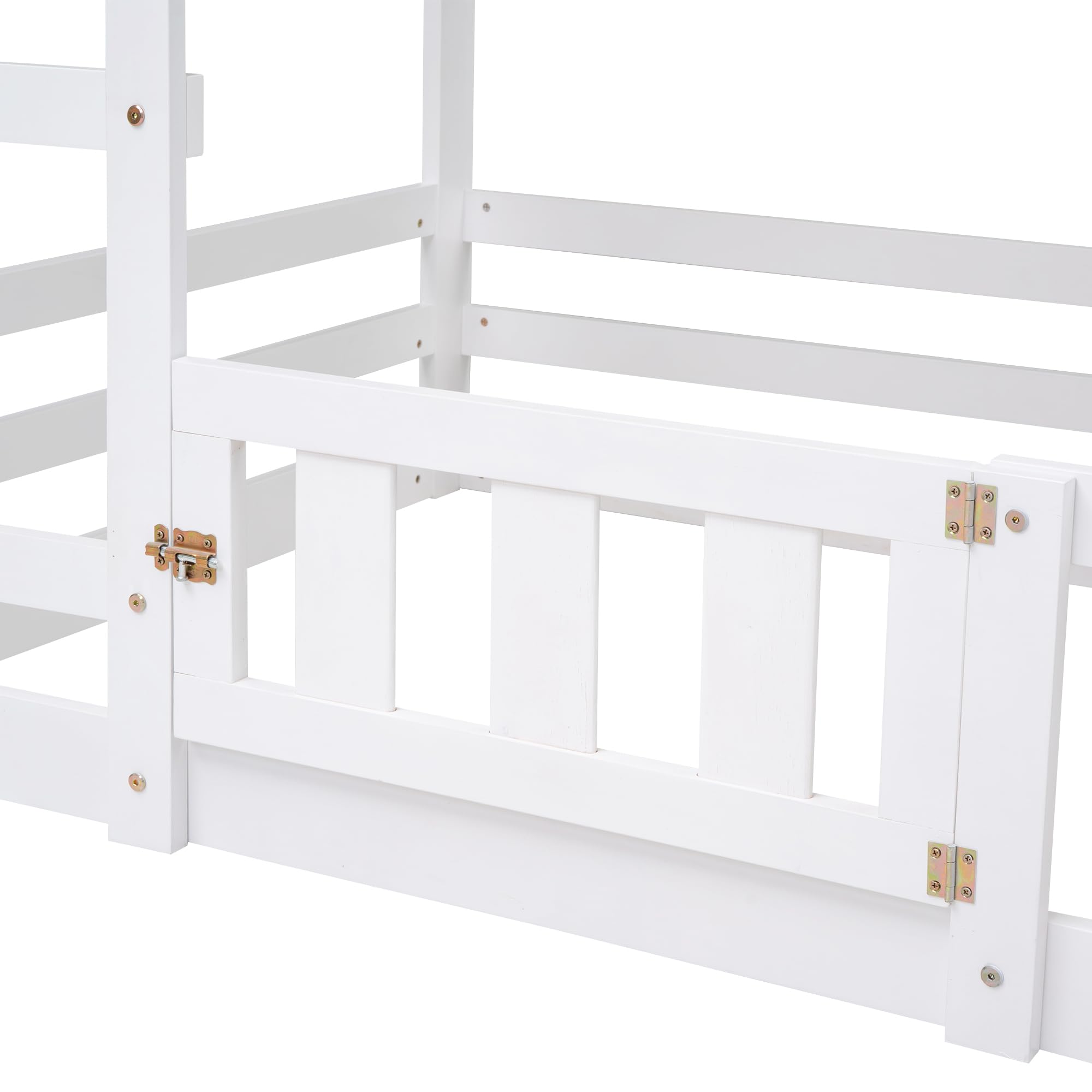 LZ LEISURE ZONE Twin Over Twin Bunk Bed, Wood Twin Size House Bed with Fence and Door, No Box Spring Needed, White