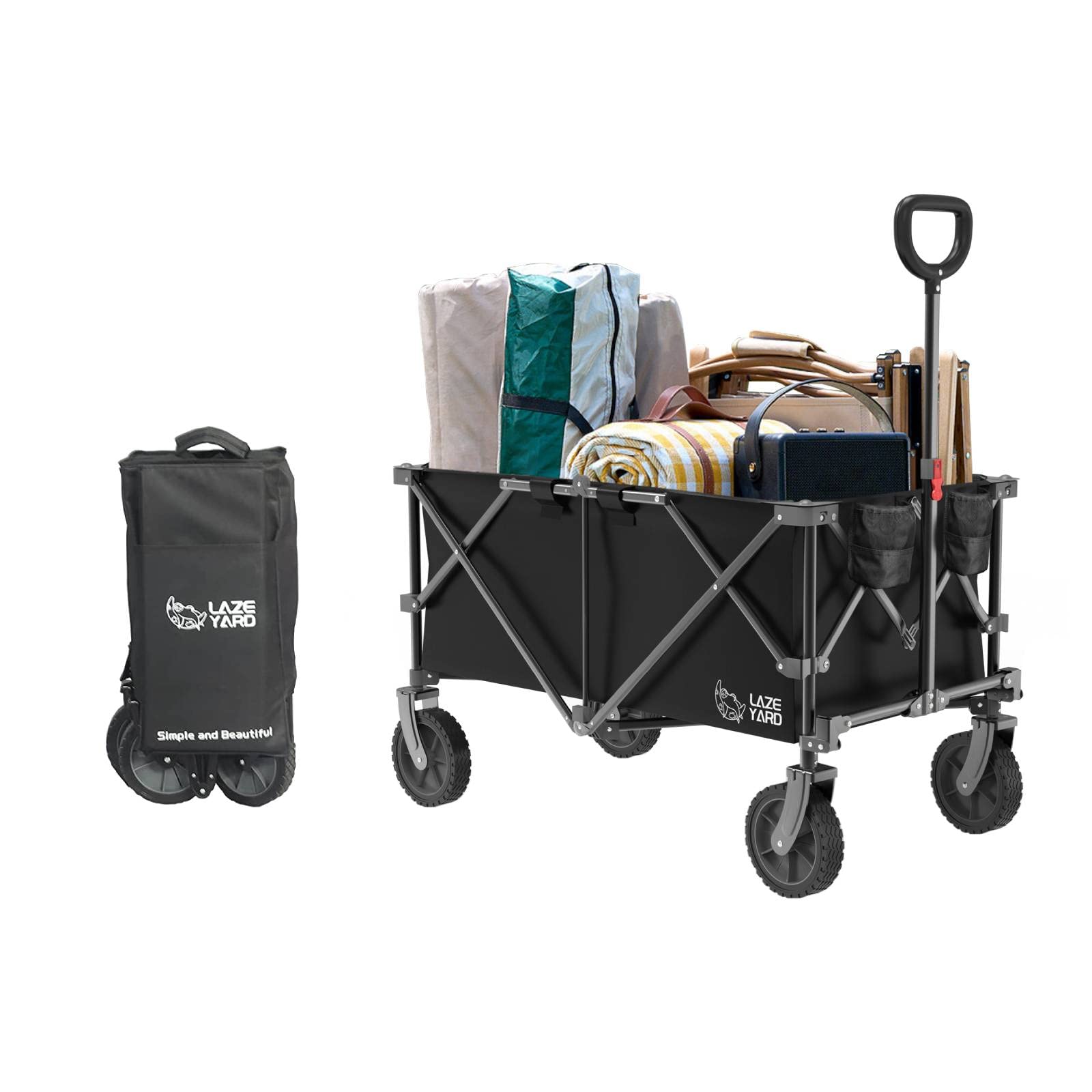 Collapsible Double Decker Wagon,Heavy Duty Foldable Wagon Cart with Extendable Tailgate,330lbs Capacity Folding Beach Wagon with All-Terrain Big Wheels,Utility Cart for Garden Sport Shopping Camping