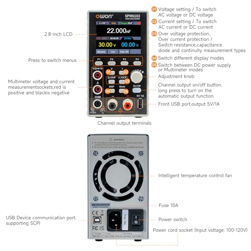OWON SPM6103 2 in 1 Power Supply & Multimeter(0-60V,0-10A) DC Power Supply Variable, Bench Power Supply, with 2.8 inch High Precision LED, USB Interface Support SCPI, 4 1/2 Digital multimeter