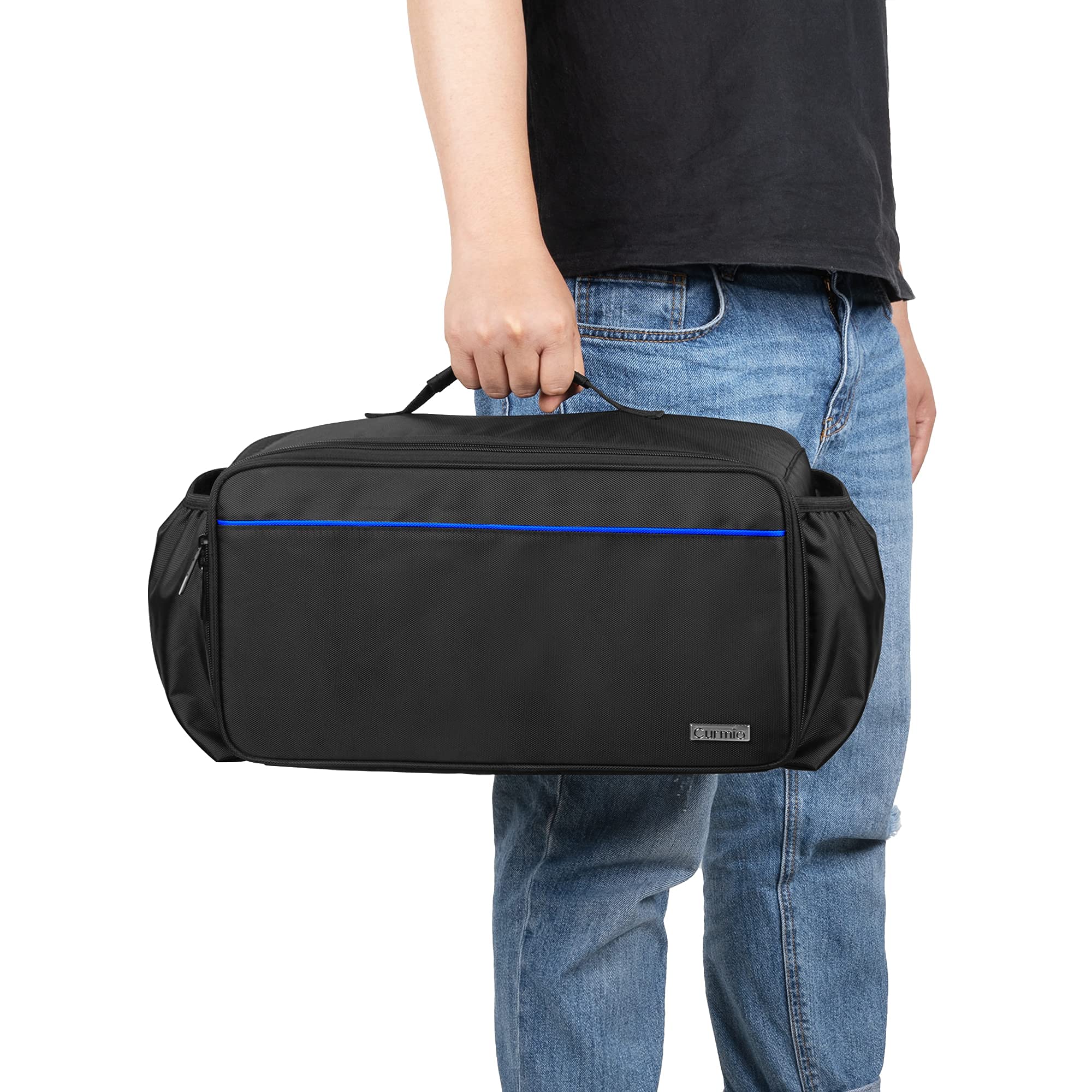 CURMIO Game Disc Storage Bag Holds Up to 24 Discs, Game Disk Travel Case Compatible for PS5/PS4/PS4 Pro/PS3/Xbox One/Xbox 360//Xbox Series X/S, Blue Stripe(Bag Only)