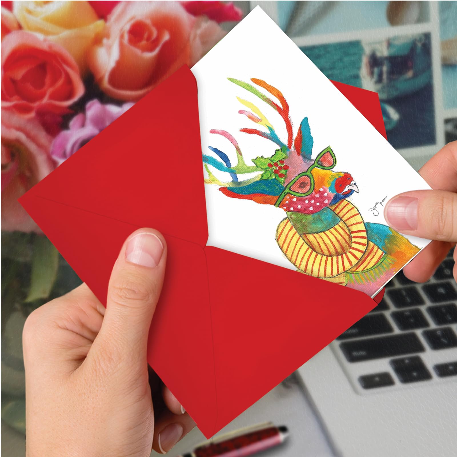 NobleWorks 12 Christmas Greeting Cards Bulk Box Set with 5 x 7 Inch Envelopes (1 Design, 12 Each) Fancy Reindeer - Scarf C6751BXSG-B12x1