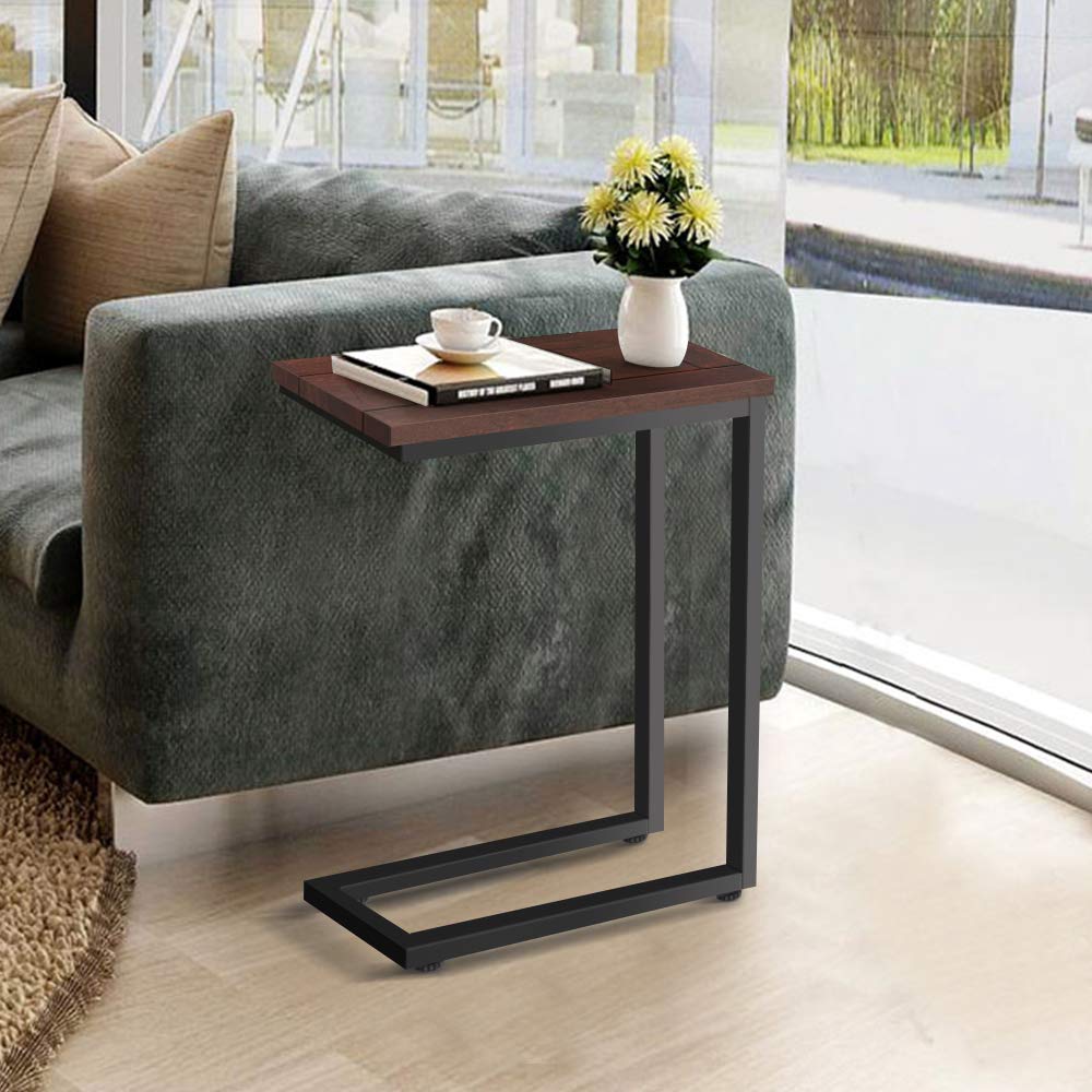 Coral Flower Accent Rectangle Industrial C-Side Table in Dark Cognac Brown, Fully Assembled for Living Room and Bedroom,Brown.