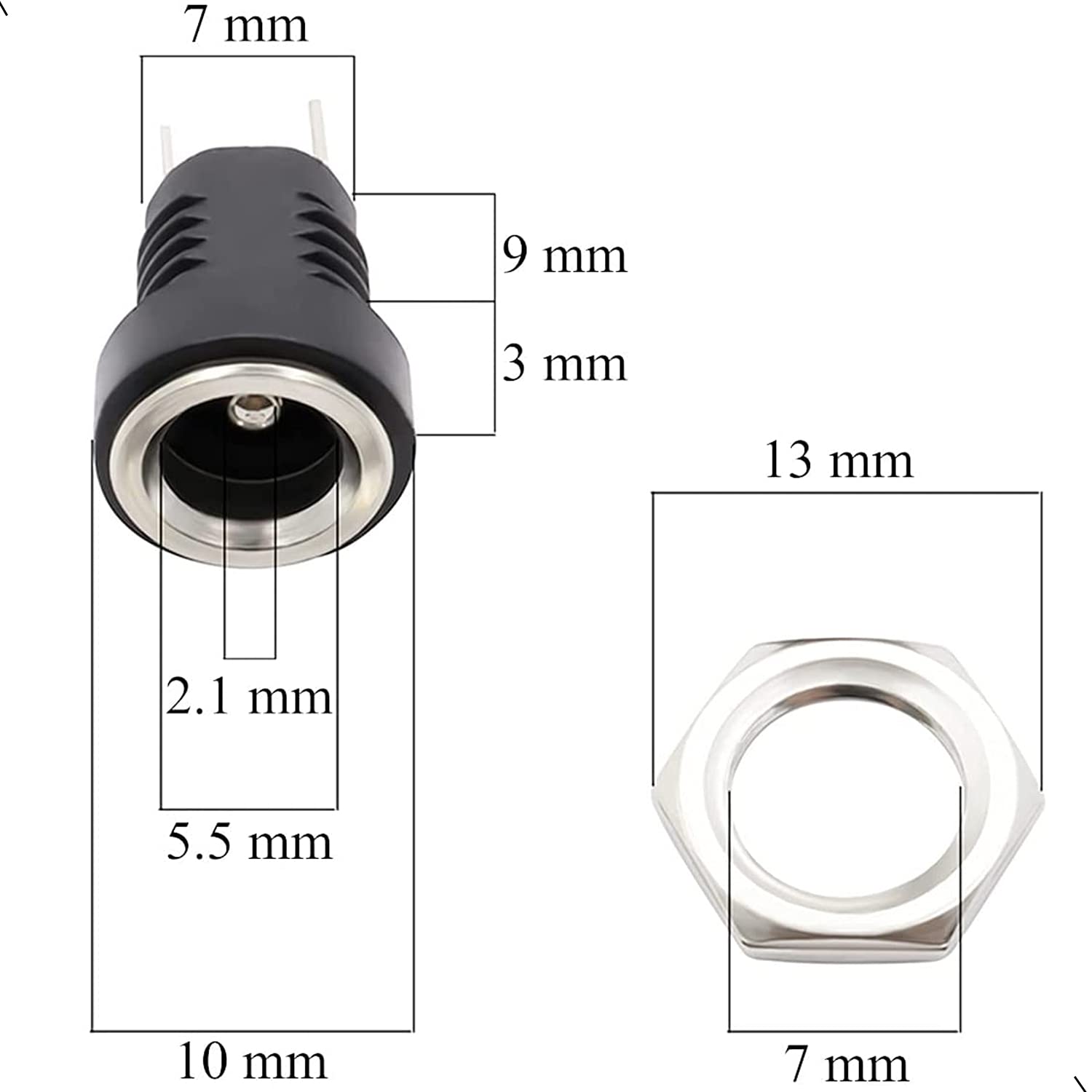 ThreeBulls 12 Pieces 5.5mmx2.1mm 2 Pins DC Power Jack Female Panel Mounting Connector Socket