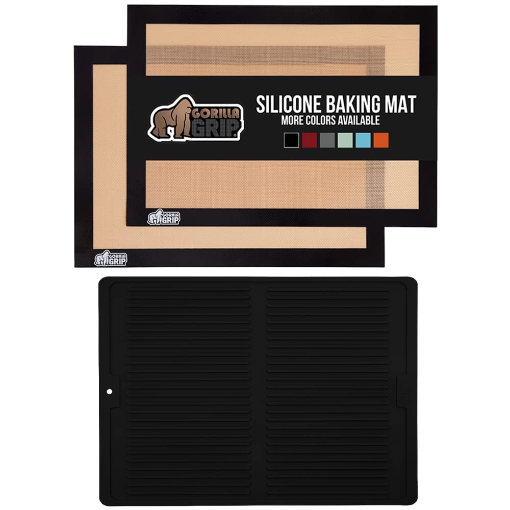 Gorilla Grip Silicone Baking Mats and Silicone Dish Drying Mat, Baking Mats Are 16.5x11.87 Inch, Dish Drying Mat is 13x11 Inch, Both in Black Color, 2 Item Bundle