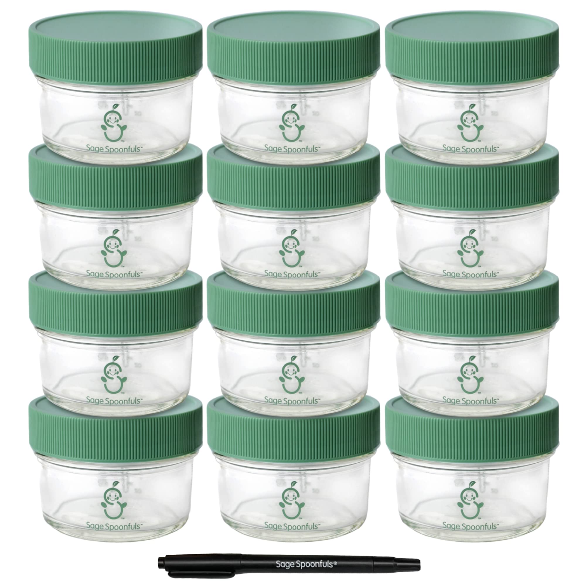 Sage Spoonfuls Glass Baby Food Containers with Lids - 12 Pack, 4 oz Baby Food Jars, Freezer Storage, Leakproof, Reusable Small Glass Baby Food Containers, Microwave & Dishwasher Friendly