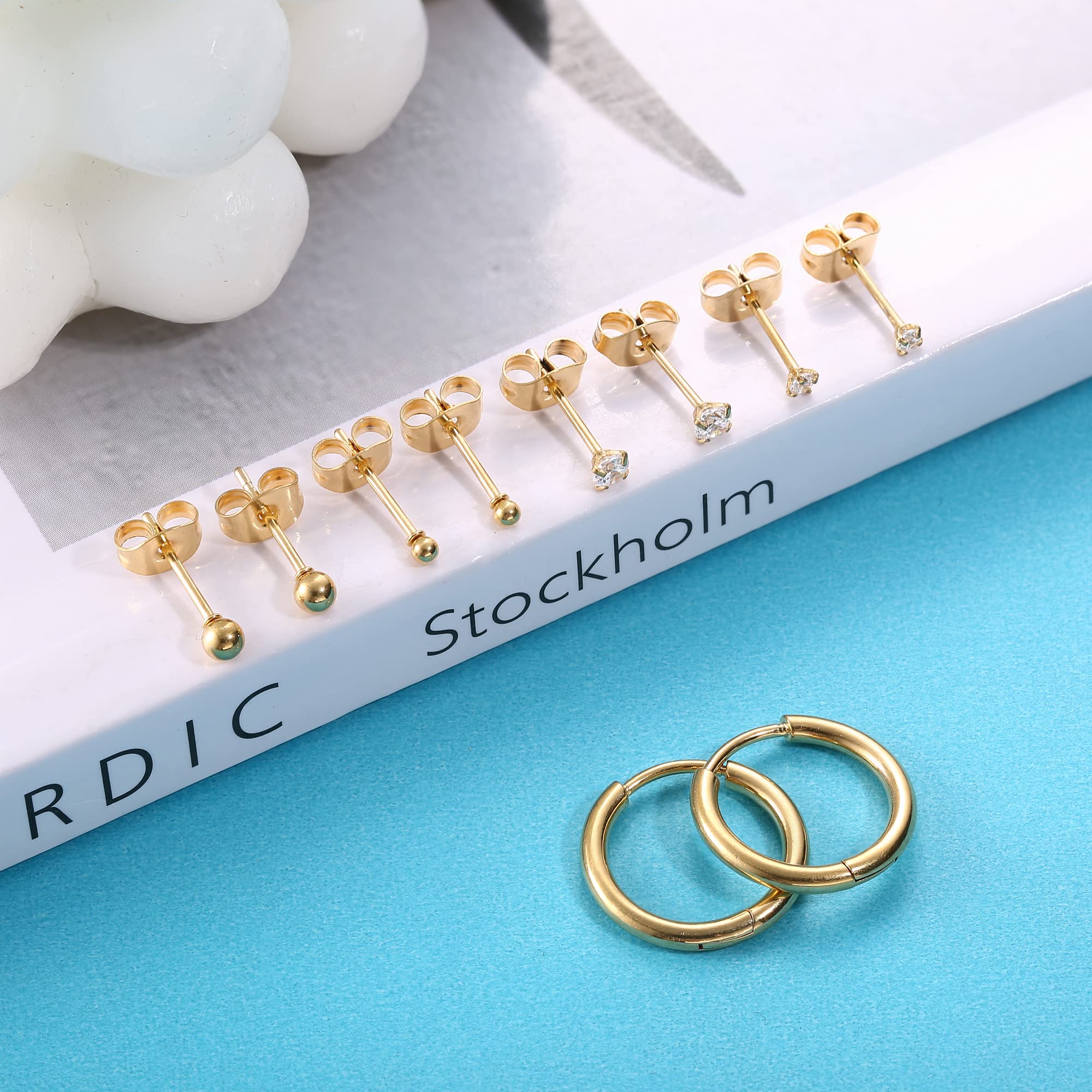 FASACCO G23 Titanium Earrings Set for Multiple Piercing Hypoallergenic Earrings 2MM 3MM CZ Ball Gold Stud Earrings Set