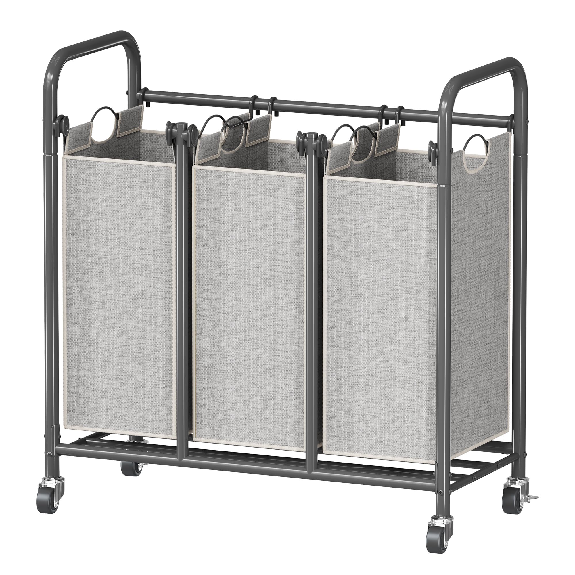 HOMEIJU 3-Bag Laundry Sorter, Laundry Hamper Cart with Heavy Duty Rolling Lockable Wheels and Removable Bags, Laundry Organizer Basket Clothes Separator Hamper, Grey, Large, KJ3009
