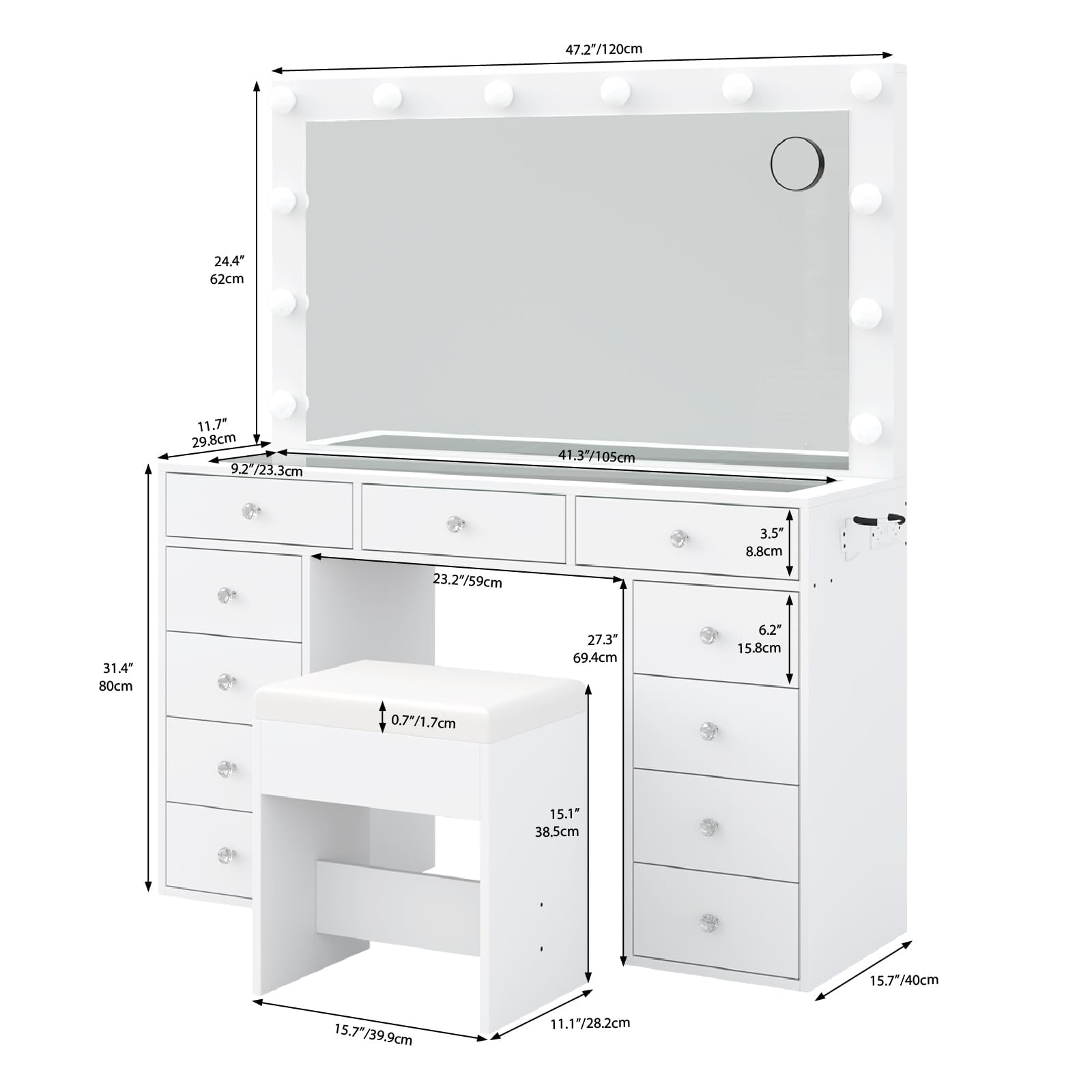 Yanosaku Vanity Desk & Power Outl, Makeup Vanity with Mirror and 12 LED Lights, Makeup Table with 11 Drawers, Vanity Table with Chair,Vanity Set 3 Lighting Modes Brightness Adjustable-(White)