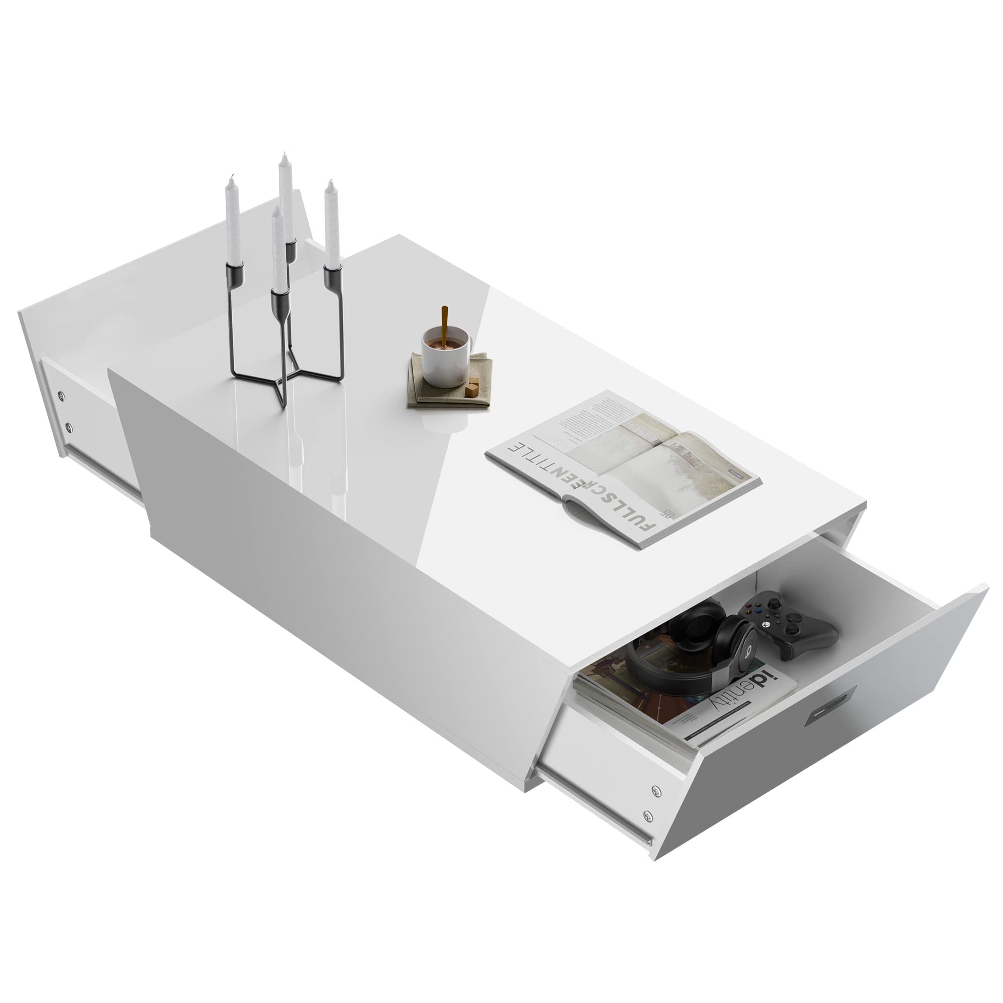 Cozy Castle Black Modern Coffee Table with LED Lights, High Gloss Coffee Table with Storage Drawers, Contemporary Center Table for Living Room