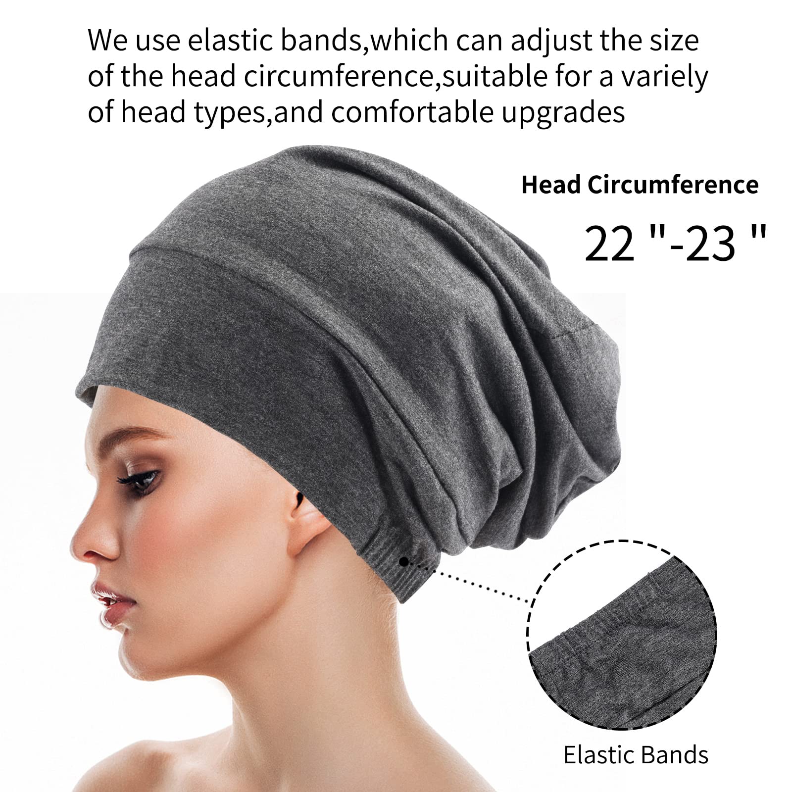 Satin Bonnet for Men 2 Pack Soft and Elastic Black Hair Cap,Satin Lined Beanie, Large Breathable Silky Hair Bonnet for Sleeping Cap,Suitable for Chemo Headwear for Women - Black and Grey