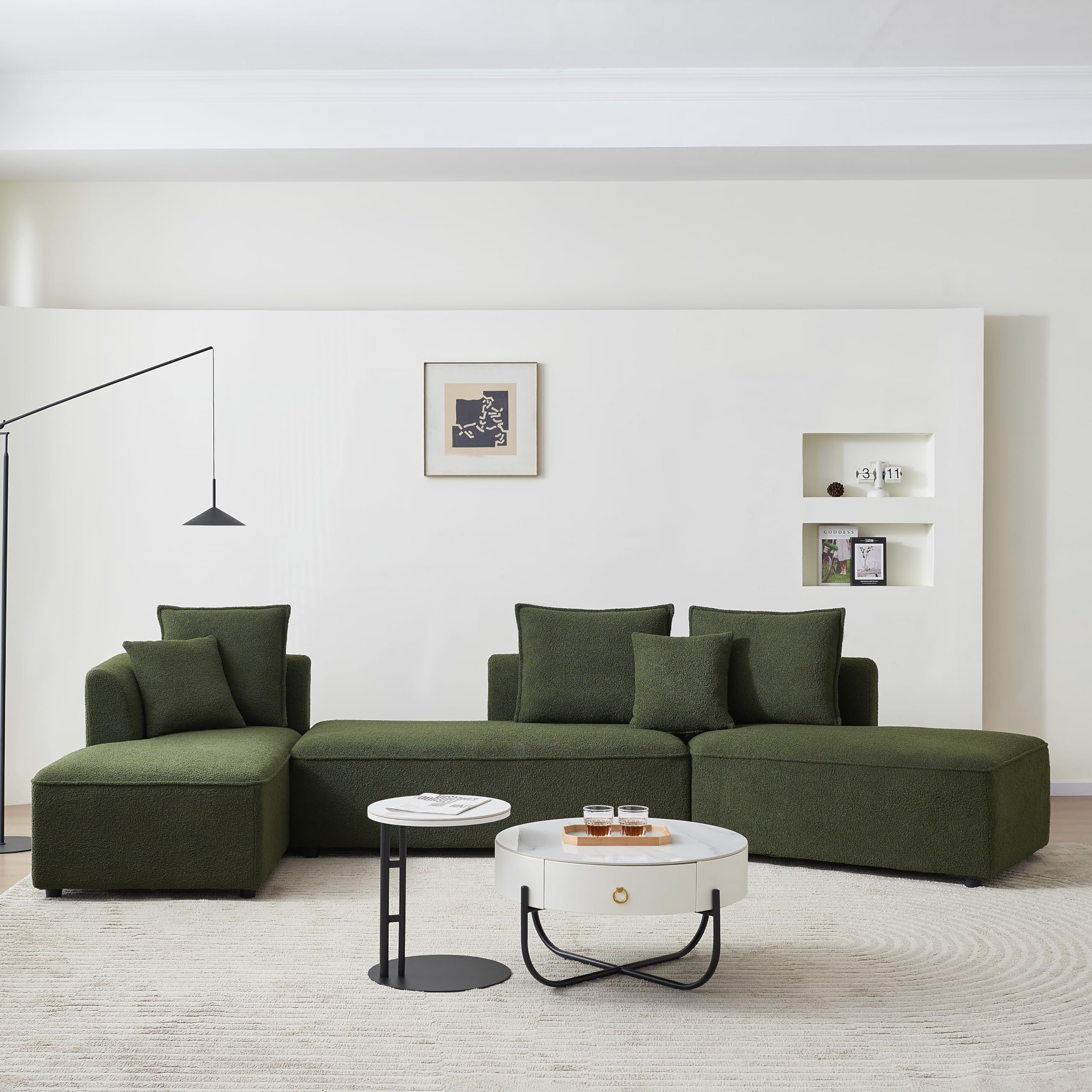 VnndeNest 141.7'' Modular Sectional Couch, Lambwool Sherpa Fabric Curved Sofa, Comfy Upholstered L-Shape Sectional Sofa with Chaise Lounge, Oversized 6 Seater Sofa for Living Room, Apartment, Orange