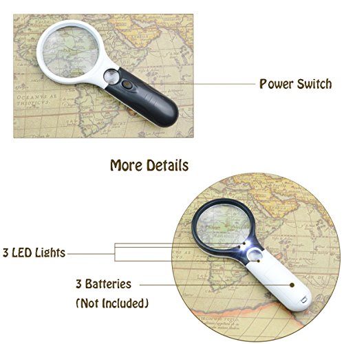 Magnifier 3 LED Light, Marrywindix 3X 45X Handheld Magnifier Reading Magnifying Glass Lens Jewelry Loupe White and Black