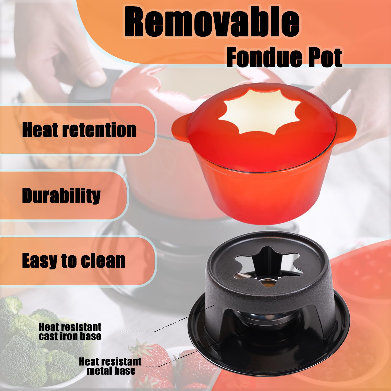Mabeeze Cast Iron Fondue Set for Cheese, Chocolate or Meat - Includes Enameled 1.6 Qt Pot, 6 Fondue Forks, Burner, Stand, Base and Mitts