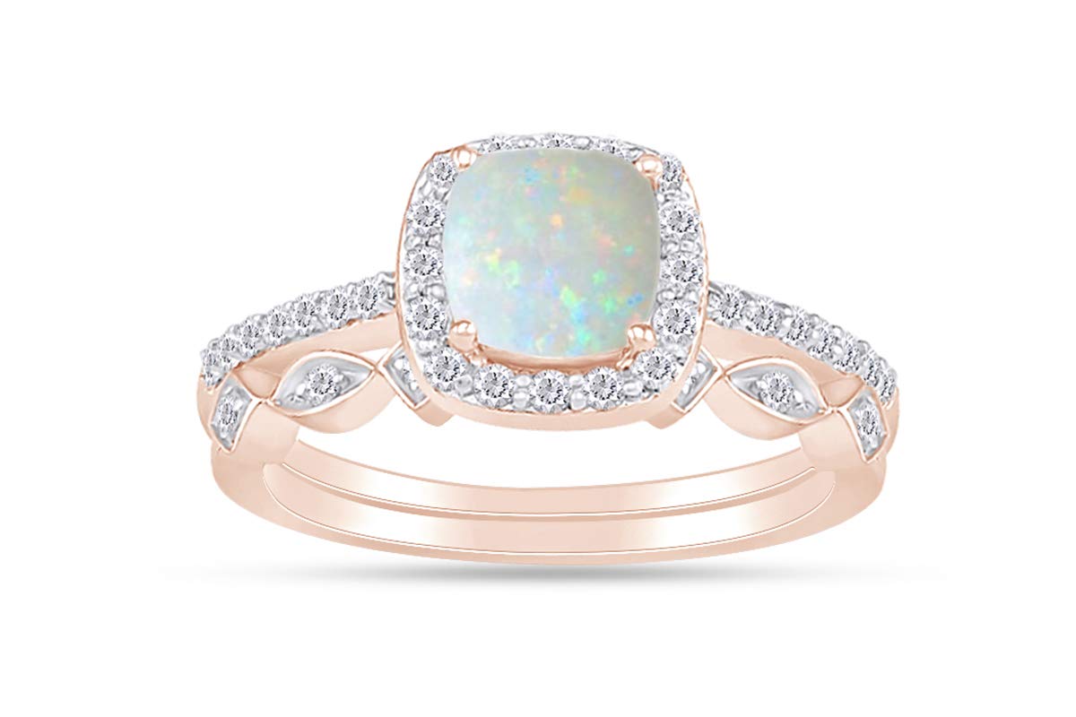 Cushion Cut Lab Created Opal And 0.25 Cttw White Natural Diamond Frame Art Deco Bridal Set Engagement Ring In 10k Solid Rose Gold Ring Size-7